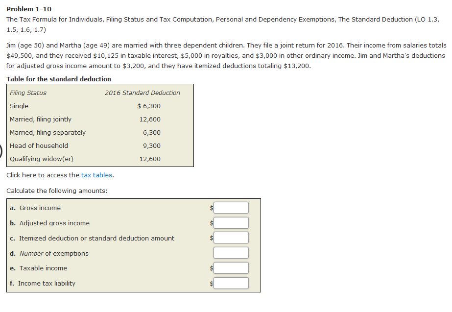 Solved Problem 1-10 The Tax Formula for Individuals, Filing | Chegg.com Solved Problem 1-10 The Tax Formula for Individuals, Filing | Chegg.com