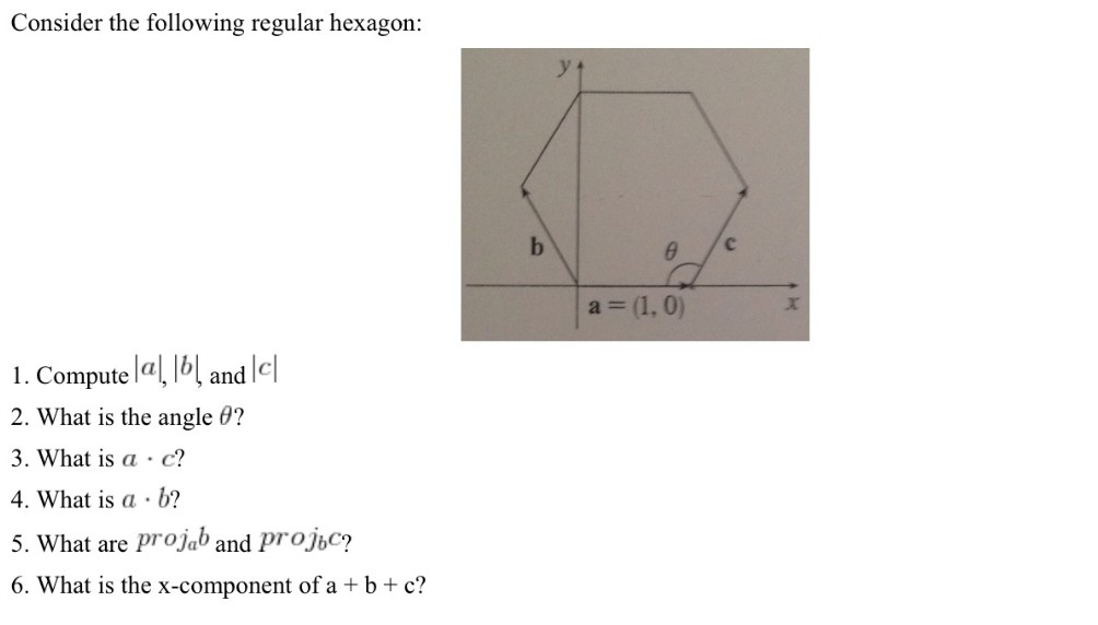 Solved Consider the following regular hexagon: Compute |a|, | Chegg.com