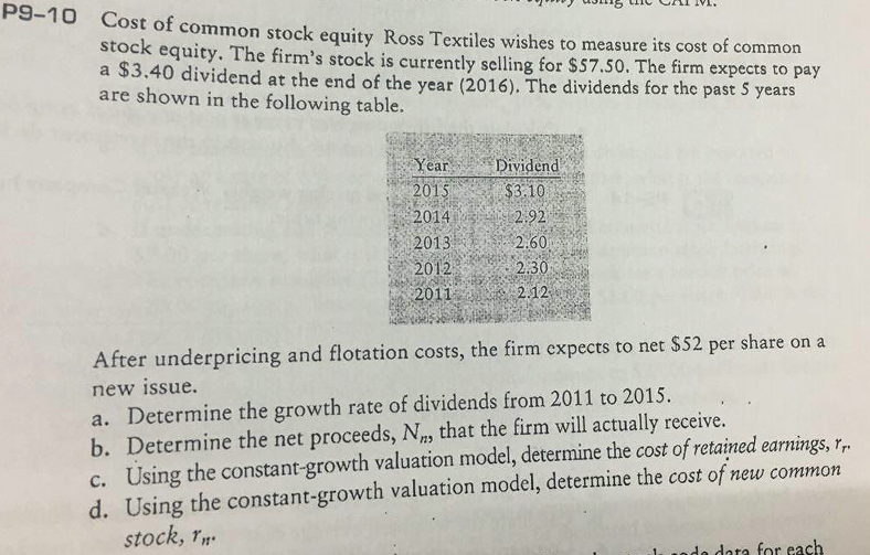 Solved Cost of common stock equity Ross Textiles wishes to | Chegg.com