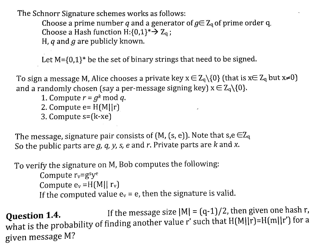 Solved The Schnorr Signature schemes works as follows: | Chegg.com
