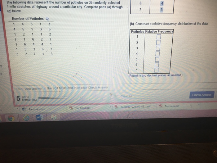 Solved The following data represent the number of potholes | Chegg.com