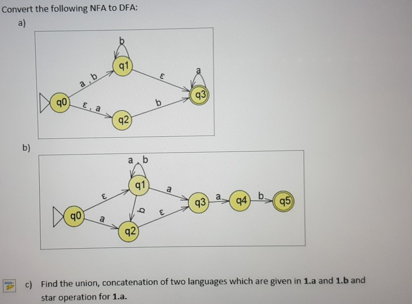 Solved Convert the following NFA to DFA: a) q1 q3 q2 b) q1 | Chegg.com