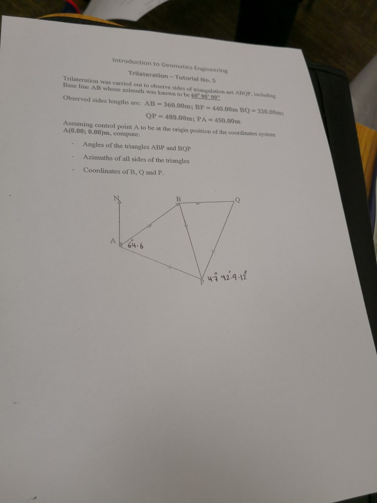 Solved Introduction to Geomatics Engineering Trilateration | Chegg.com