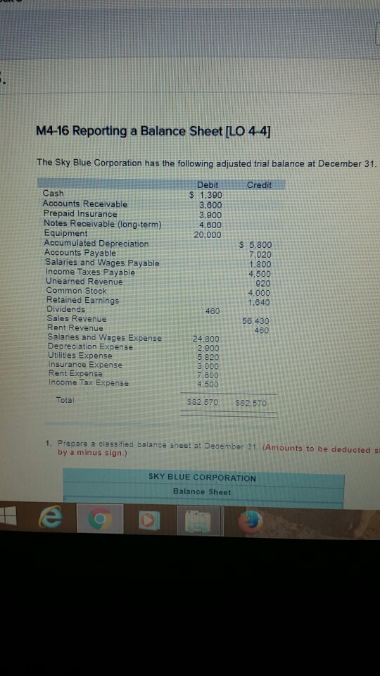 Solved M4-16 Reporting a Balance Sheet [LO 44 The Sky Blue | Chegg.com
