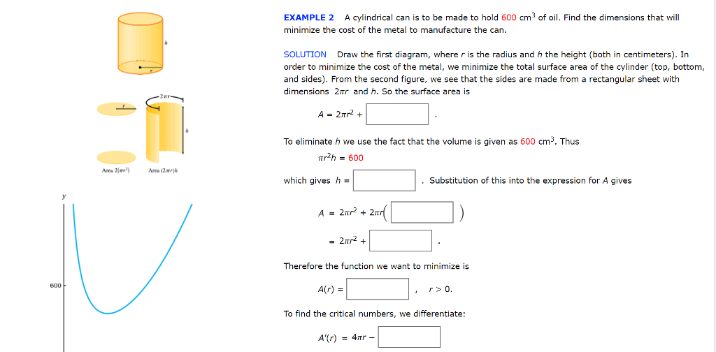 Solved EXAMPLE 2 A cylindrical can is to be made to hold 600 | Chegg.com