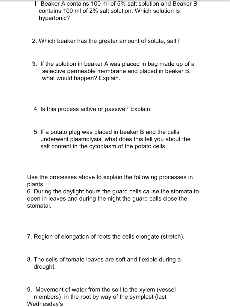 Solved 1. Beaker A contains 100 ml of 5% salt solution and | Chegg.com