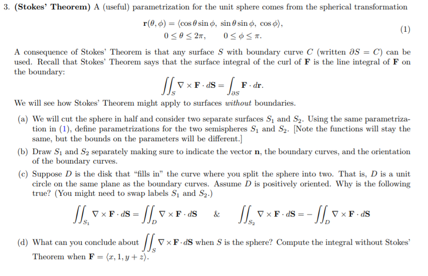 Solved 3. (Stokes' Theorem) A (useful) parametrization for | Chegg.com