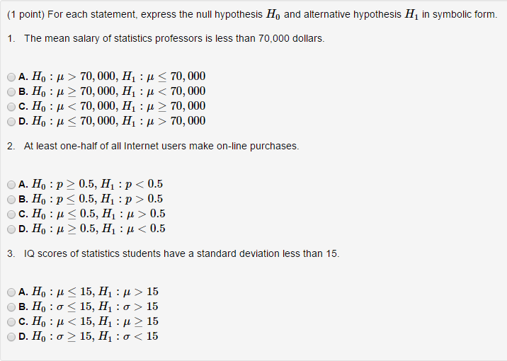 Solved For each statement, express the null hypothesis H_0 | Chegg.com