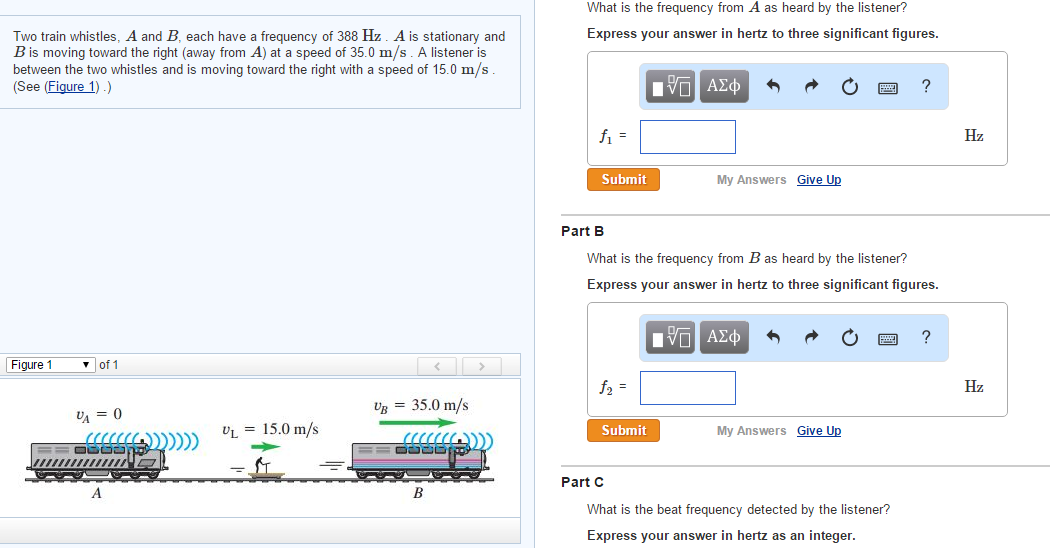 Solved Two train whistles. A and B each have a frequency of | Chegg.com