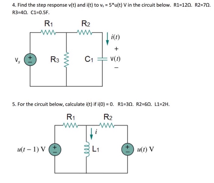 Solved Find the step response v(t) and i(t) to vs = 5^*u(t) | Chegg.com