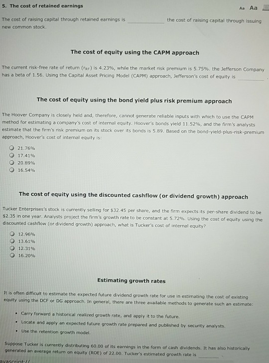 Solved 5. The cost of retained earnings Aa Aa the cost of | Chegg.com