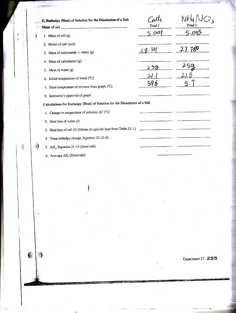 Solved C. Enthalpy (Heat) of Solution for the Dissolution of | Chegg.com
