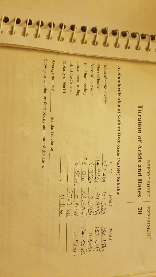 Solved REPORT SHEET EXPERIMENT Titration of Acids and Bases | Chegg.com Solved REPORT SHEET EXPERIMENT Titration of Acids and Bases | Chegg.com