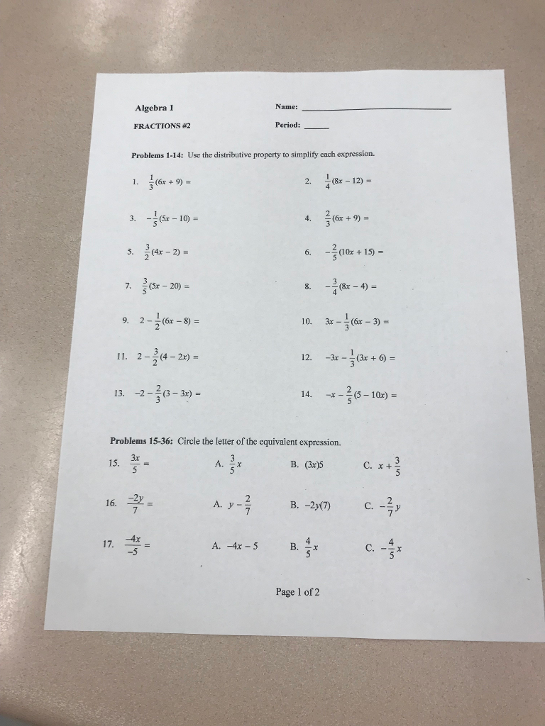 Solved Name: Algebra 1 FRACTIONS #2 Period: Problems 1-14: | Chegg.com