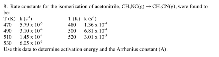 Solved Rate constants for the isomerization of acetonitrile, | Chegg.com