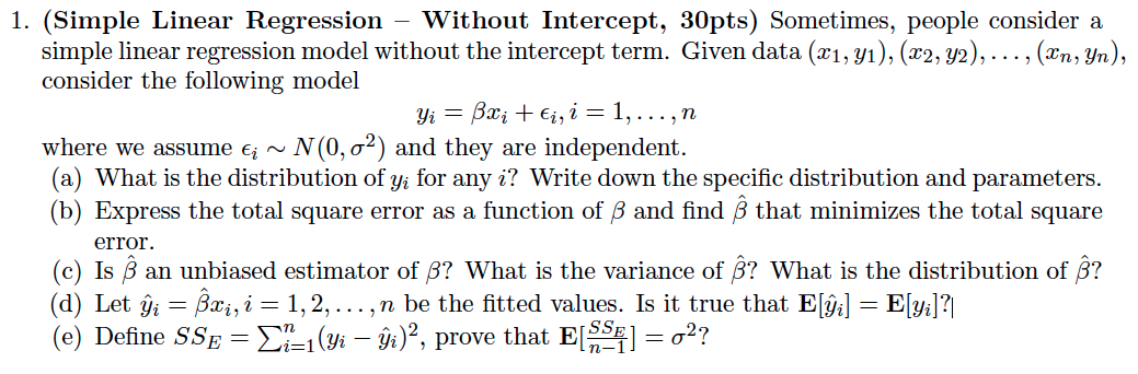 1. (Simple Linear Regression - Without Intercept, | Chegg.com