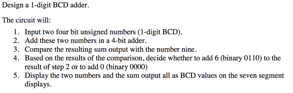 Solved Design a 1-digit BCD adder. The circuit will 1. Input | Chegg.com