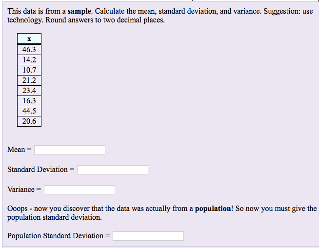 Solved This data is from a sample. Calculate the mean, | Chegg.com