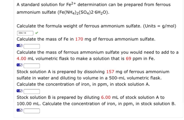 Solved A standard solution for Fe2+ determination can be | Chegg.com