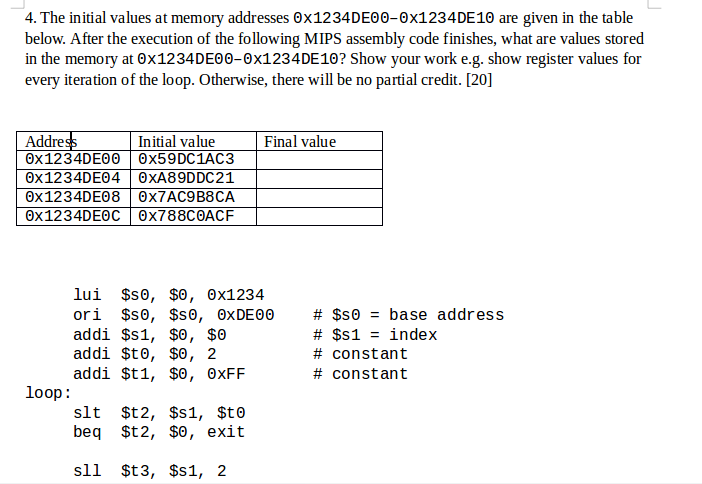 4. The initial values at memory addresses | Chegg.com