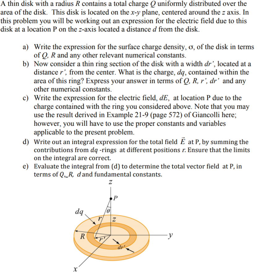 Solved A thin disk with a radius R contains a total charge Q | Chegg.com