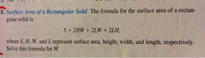 Solved Surface Area of a Rectangular Solid The formula for | Chegg.com
