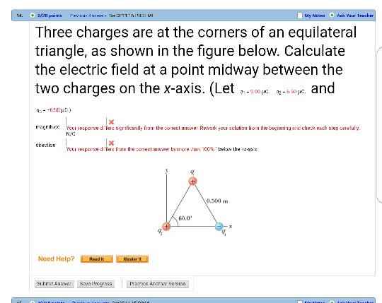 Solved Three charges are at the corners of an equilateral | Chegg.com