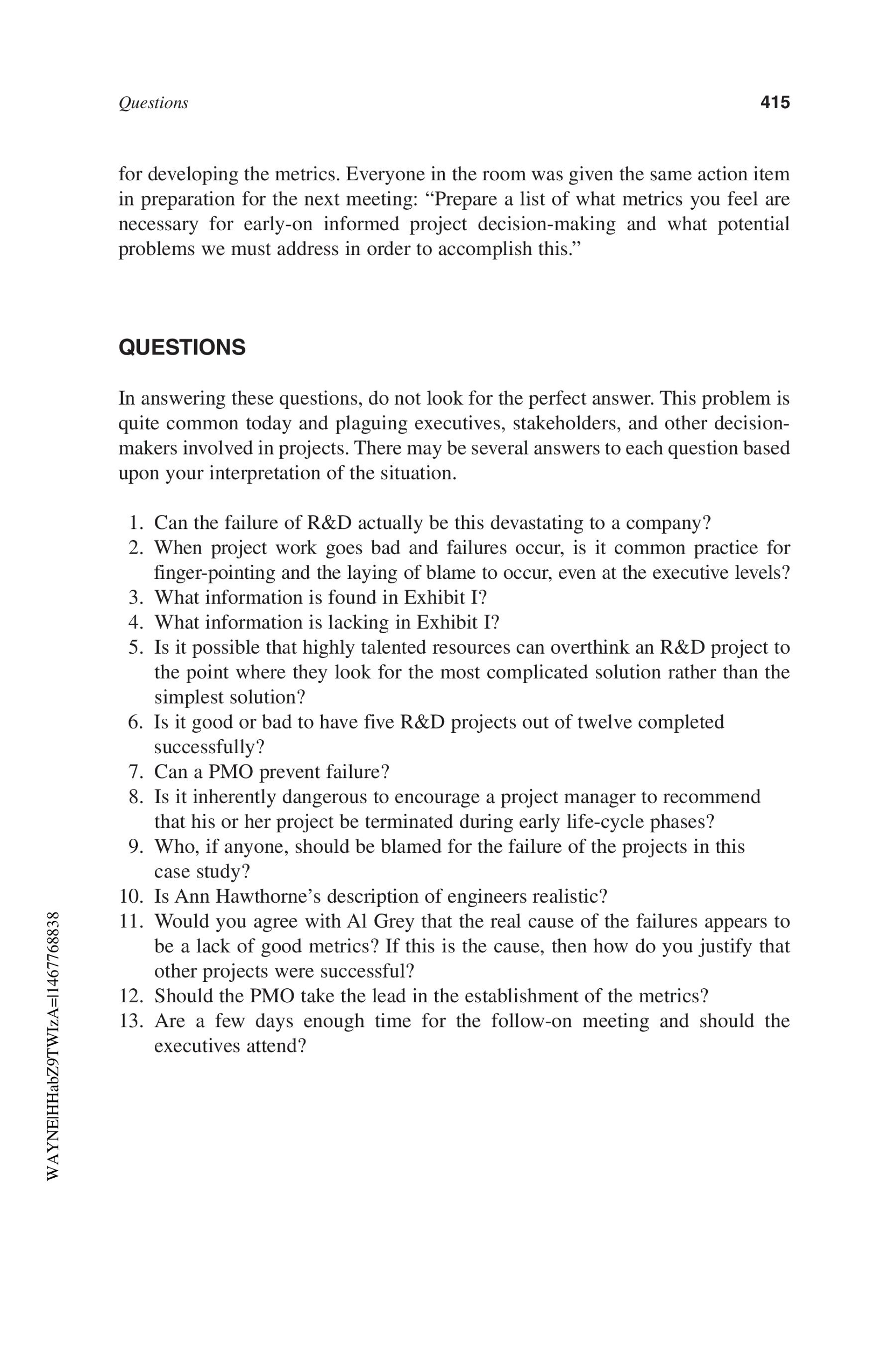 Solved Read "The Need for Project Management Metrics (A)" | Chegg.com