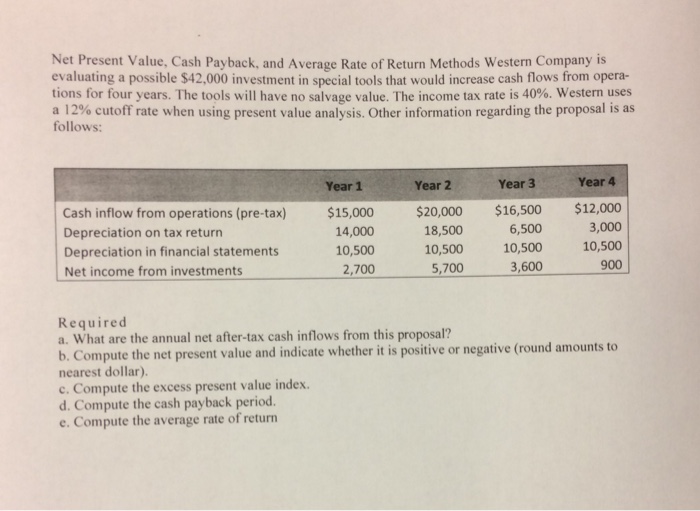 Solved Net Present Value, (ash Payback, and Average Rate of | Chegg.com