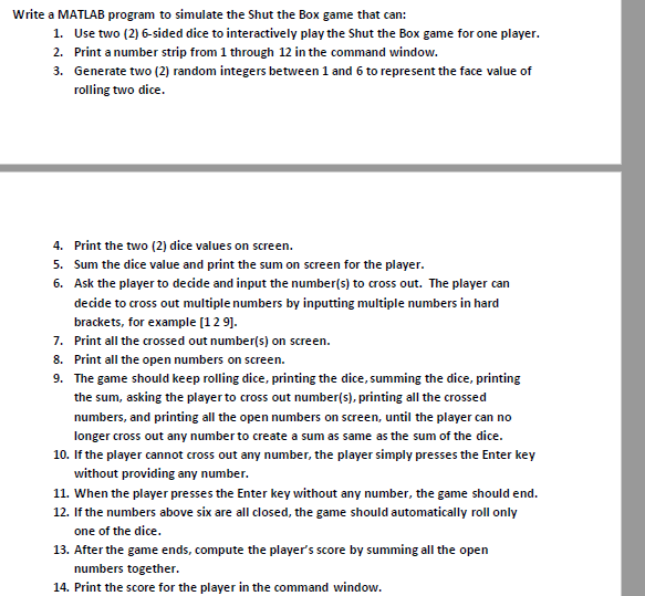 Solved create a matlab code for "shut the box game" here is | Chegg.com