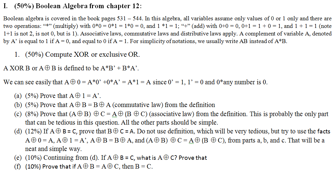 Solved I. (50%) Boolean Algebra from chapter 12: Boolean | Chegg.com