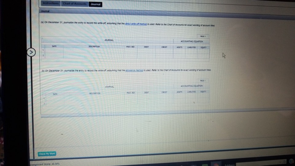 Solved Entries to write off accounts receivable Chart of | Chegg.com