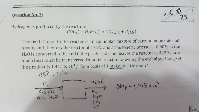 Solved Question No.2 25 Hydrogen is produced by the reaction | Chegg.com