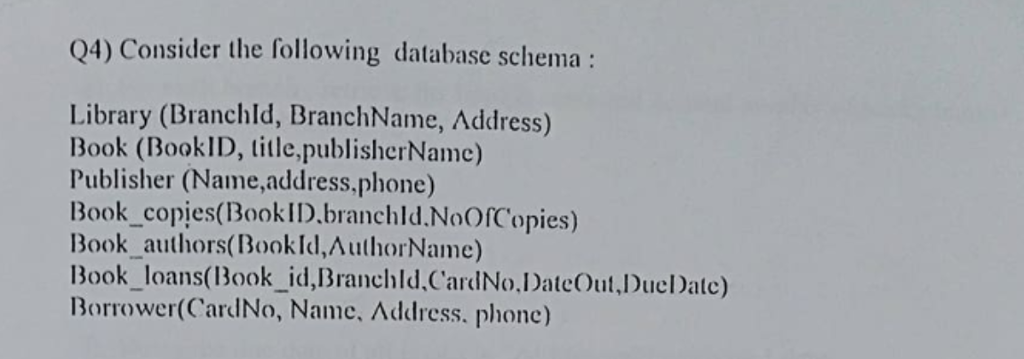 Solved Q4) Consider the following database schema: Library | Chegg.com