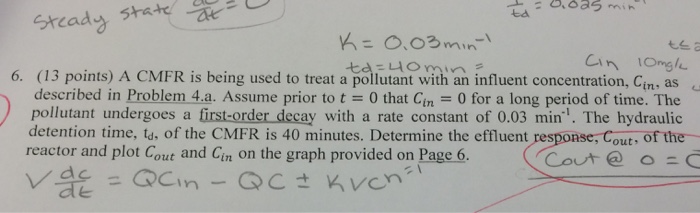 Solved ed ca €느 6, (13 points) A CMFR is being used to treat | Chegg.com