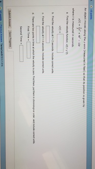 Solved An object moves along the y-axis (measured in feet) | Chegg.com
