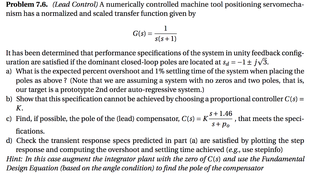 Solved Problem 7.6. (Lead Control) A numerically controlled | Chegg.com