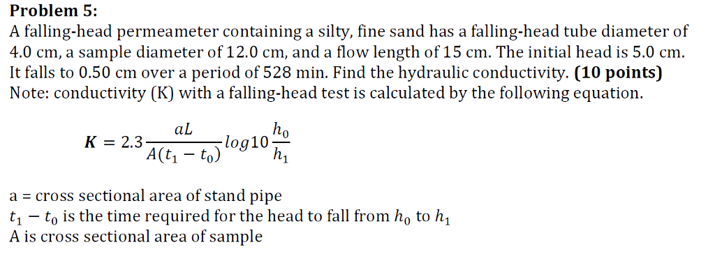Solved A falling-head permeameter containing a silty, fine | Chegg.com