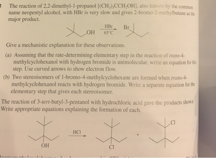 Solved The reaction of 2, 2-dimethyl-1-propanol [(CH_3)_3 | Chegg.com