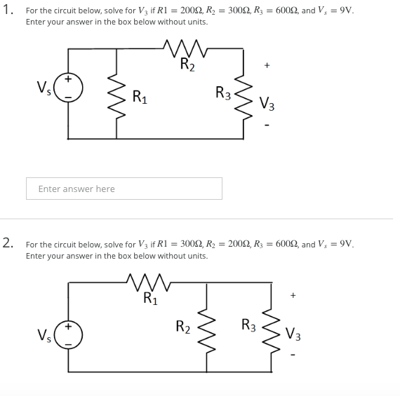 Solved For the circuit below, solve for V_3 if R1 = 200 Ohm, | Chegg.com