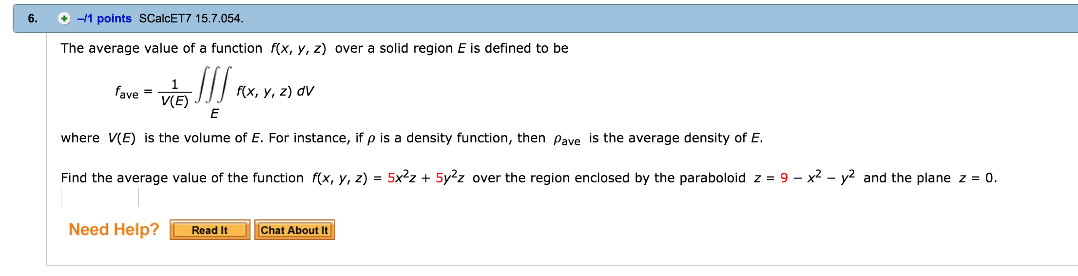 Solved The average value of a function f(x, y, z) over a | Chegg.com