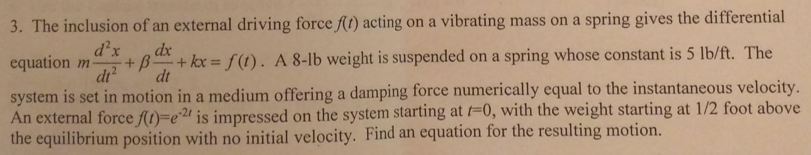 Solved 3. The inclusion of an external driving force f(t) | Chegg.com