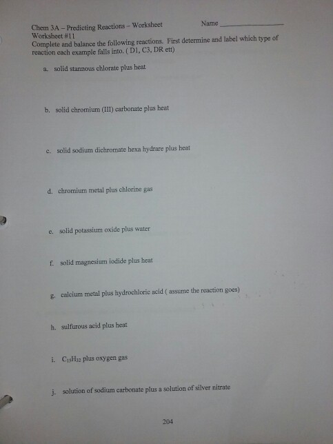 Solved Chem 3A-Predicting Reactions- Worksheet Name | Chegg.com