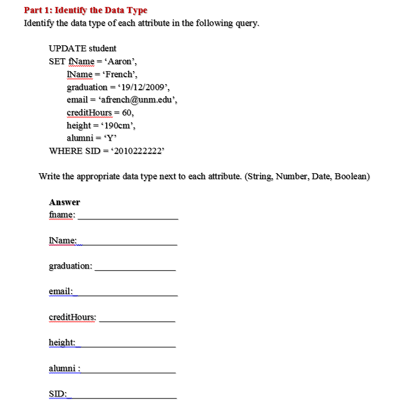 Solved Part 1: Identify the Data Type Identify the data type | Chegg.com