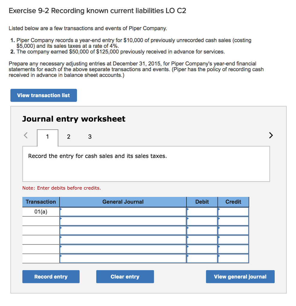 Solved Exercise 9-2 Recording known current liabilities LO | Chegg.com