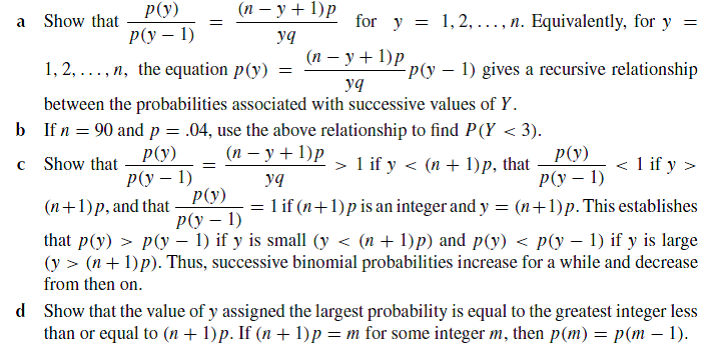 Solved Show that p(y)/p(y - 1) = (n - y + 1)p/yq for y = 1, | Chegg.com