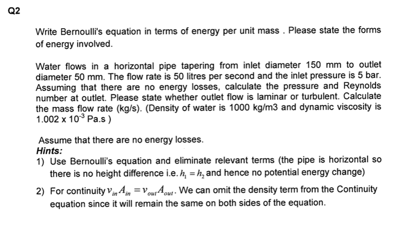 Solved Write Bernoulli's equation in terms of energy per | Chegg.com