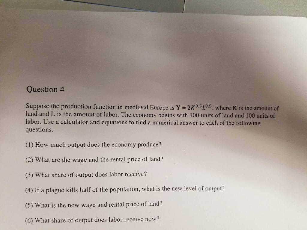 Solved Question 4 Suppose the production function in | Chegg.com