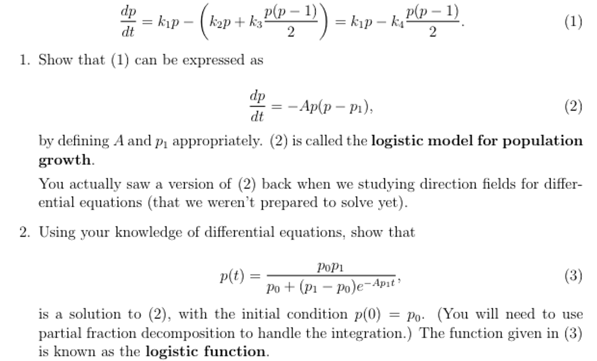 Solved dp/dt = k_1 p - (k_2 p + k_3 p(p - 1)/2) = k_1 p - | Chegg.com