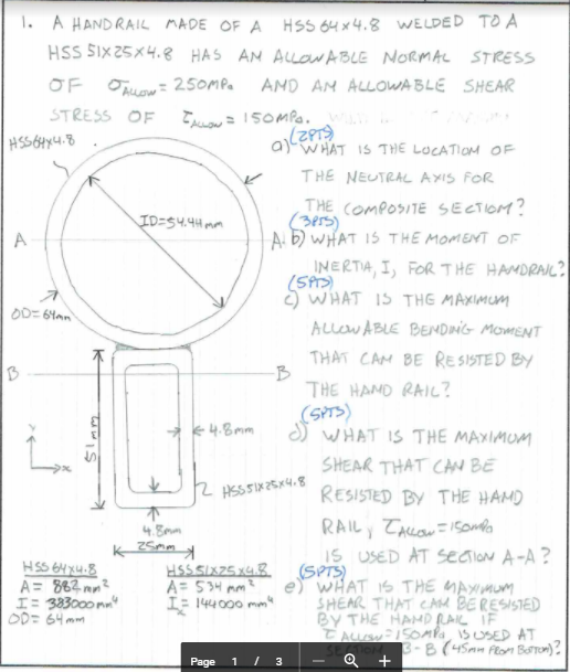 Solved A handrail made of a HSS 64 times 4.8 welded to a HSS | Chegg.com